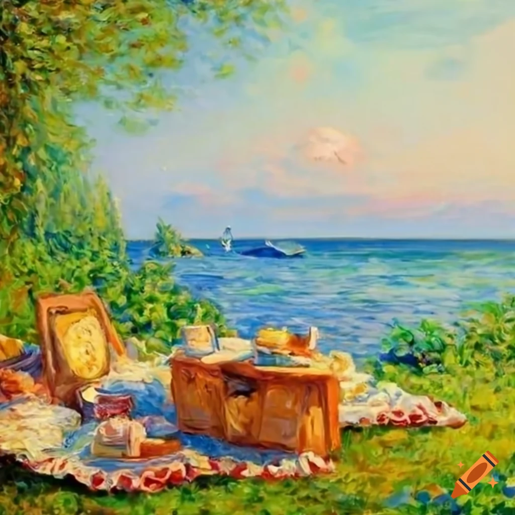 Monet painting of a summer picnic spread in a beautiful location on Craiyon