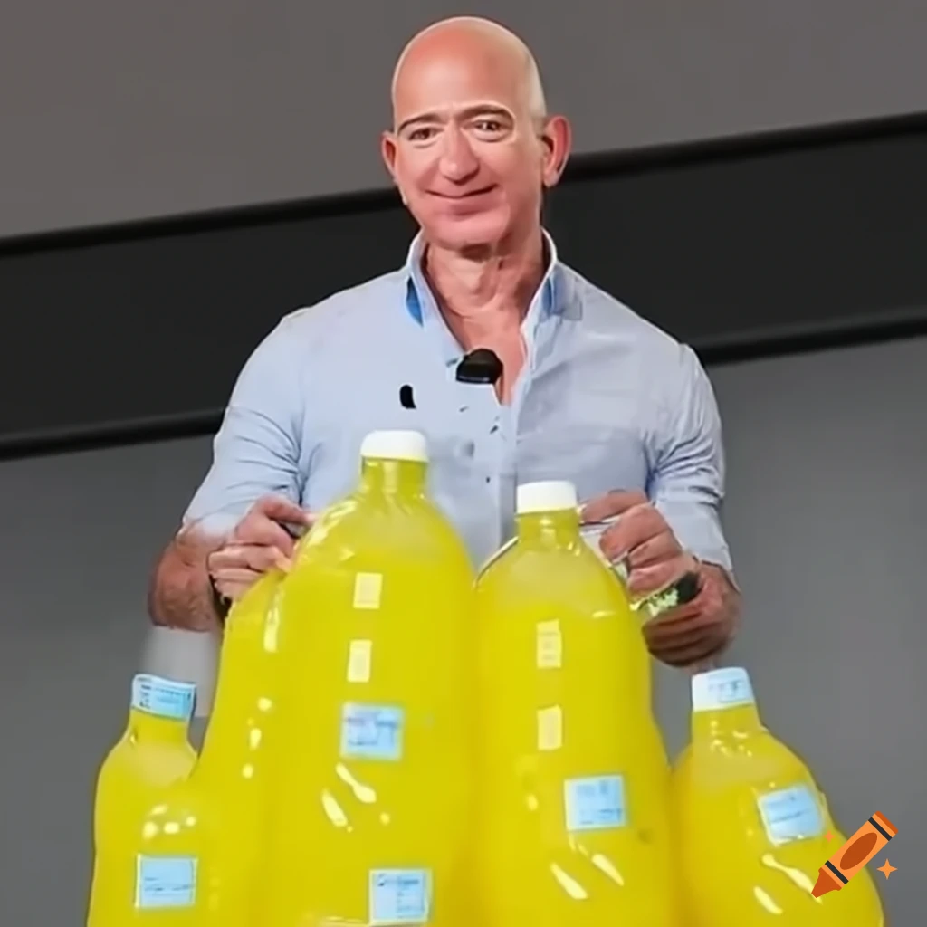Jeff bezos standing in front of a huge pile of small yellow water ...
