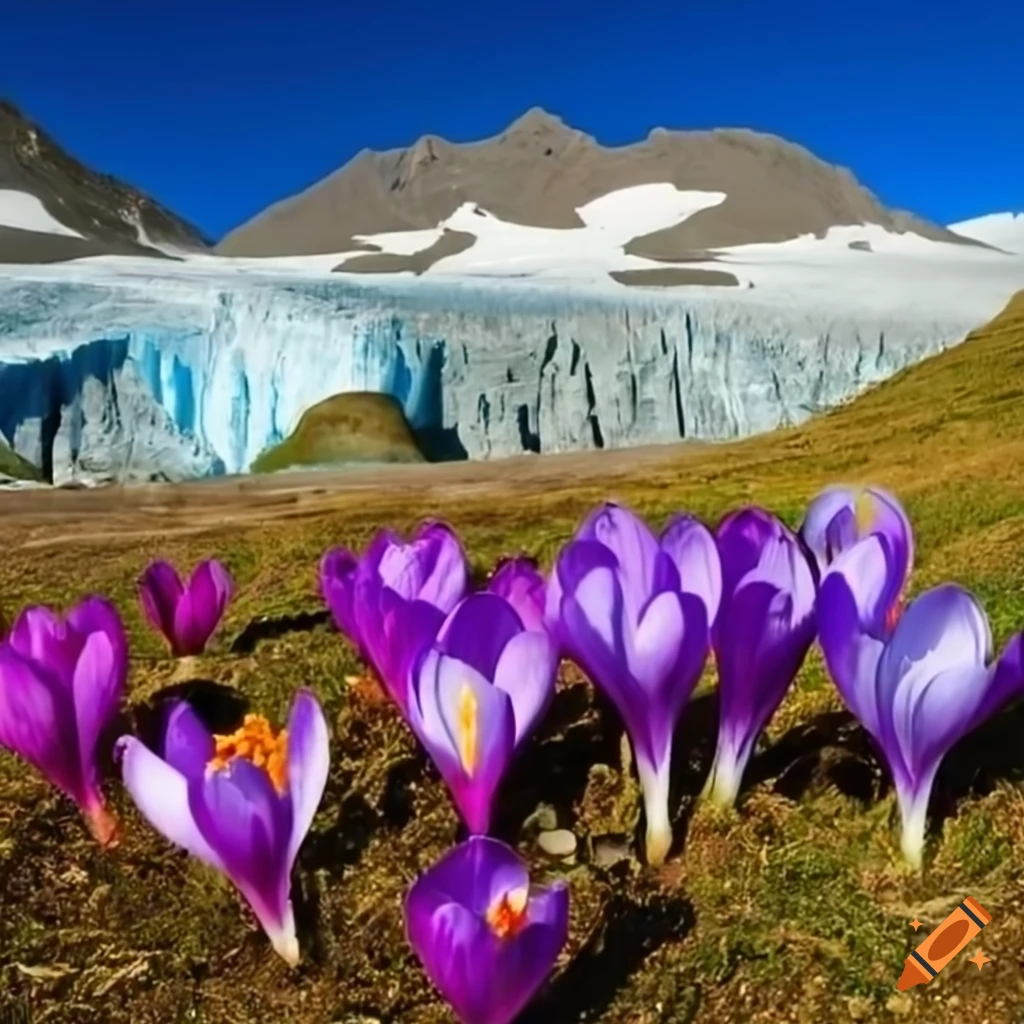 Colorful crocuses in front of the glacier