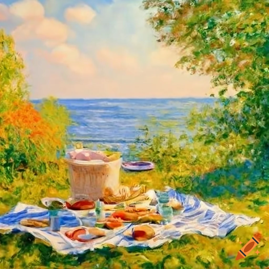 Monet painting of a summer picnic spread in a beautiful location on Craiyon