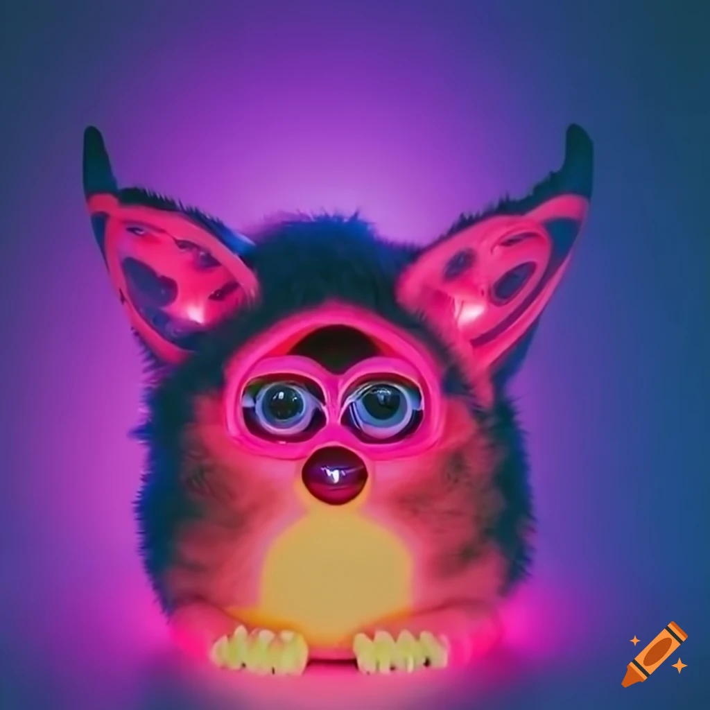 Neon multi coloured furby with a halo vaporwave on Craiyon