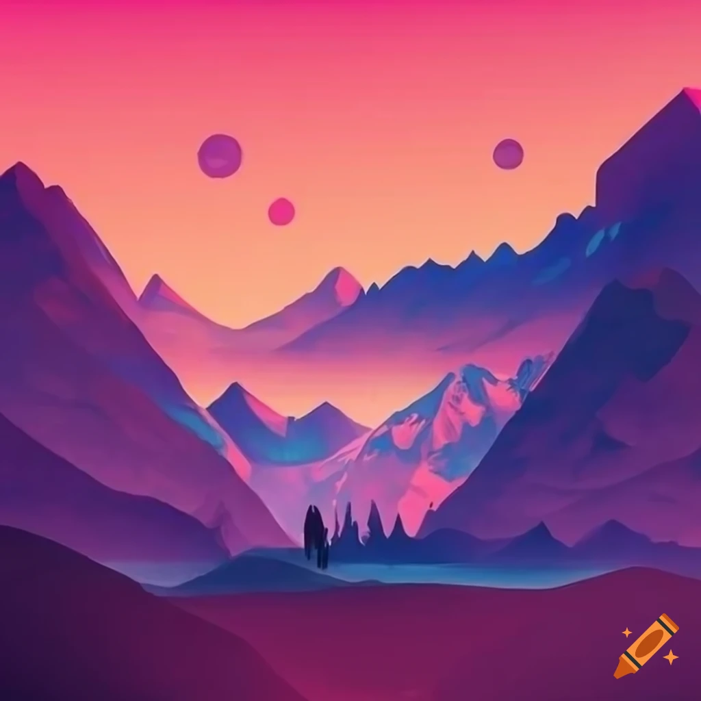 A breathtaking mountain landscape immersive with fantsy vibe illustration