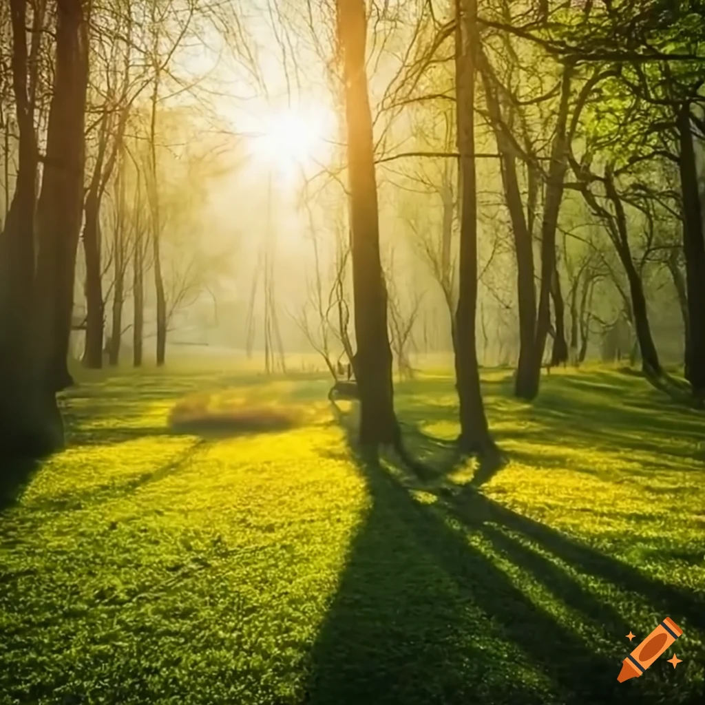 A serene spring morning with sunlight filtering through trees