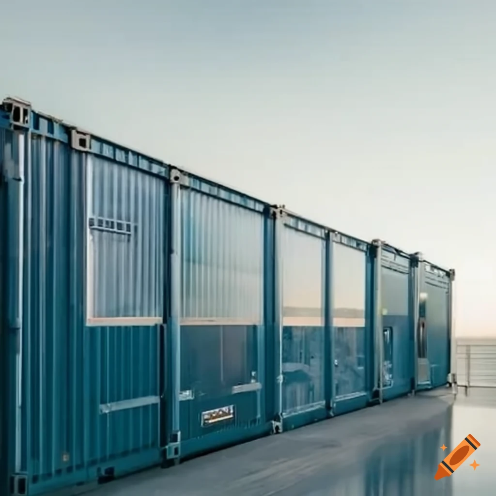 A shipping container on a concrete base with a sliding glass door on ...