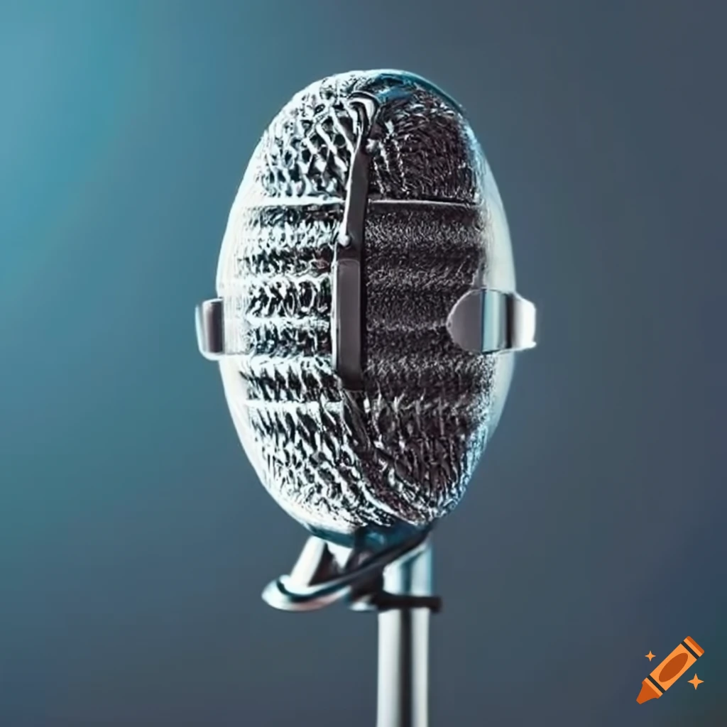 A metal stand microphone in the shape of a rugby ball