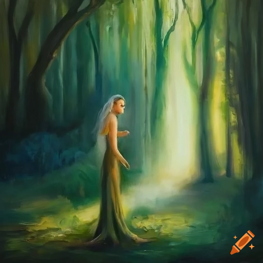 Oil painting of a forest faerie queen surrounded by trees and soft ...