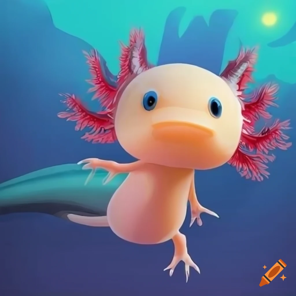 Cartoon axolotl with the rays of the sun behind its head swimming ...