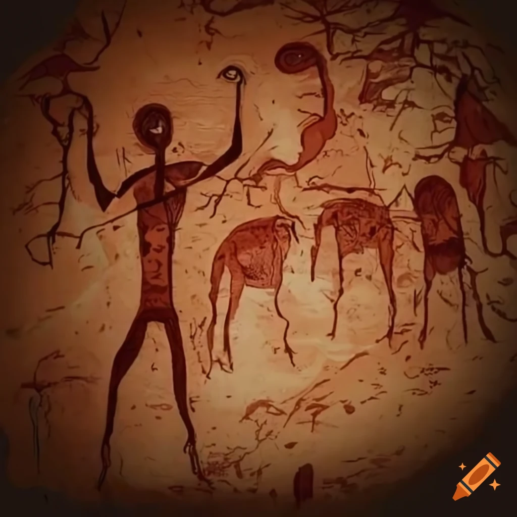 Ancient cave drawings in red and brown on Craiyon