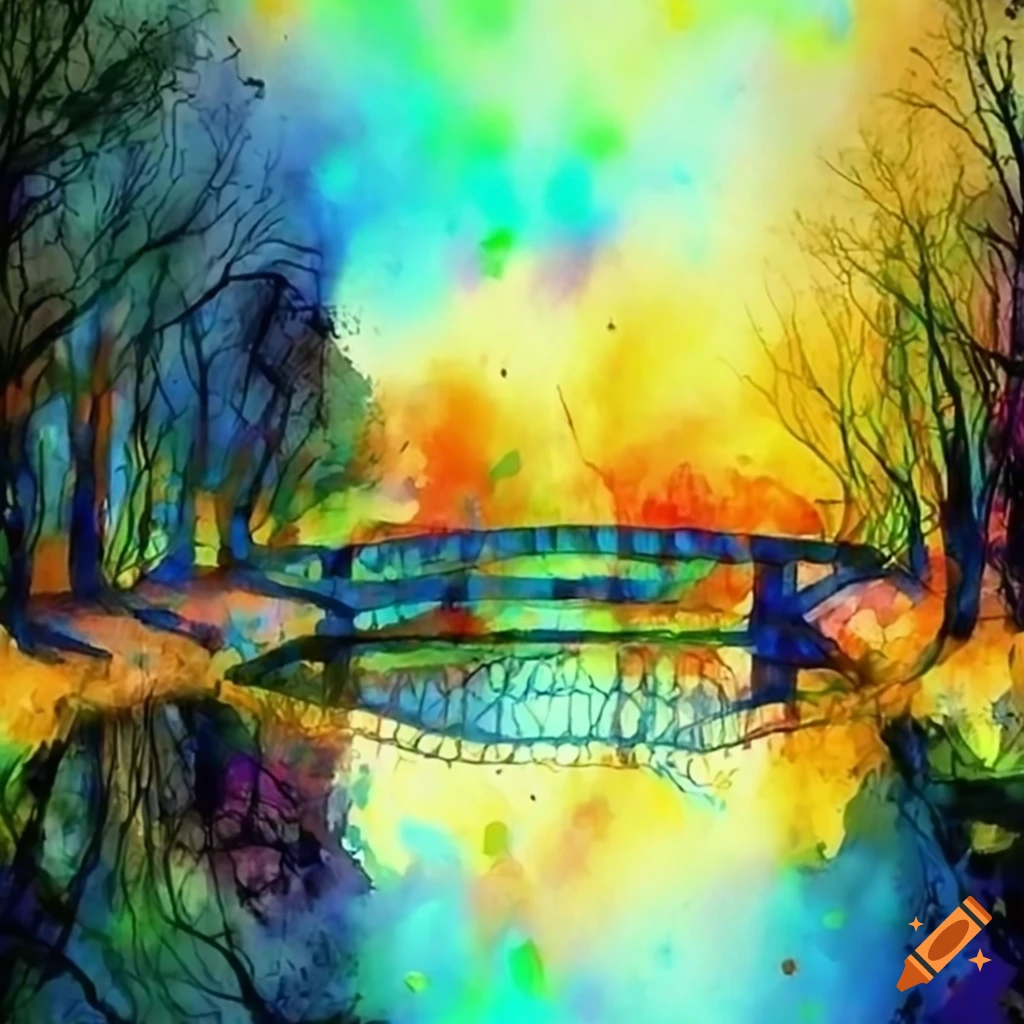Abstract art of a bridge and trees in a colorful on Craiyon