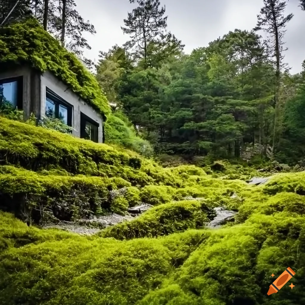 A modern house surrounded and full of moss on all sides, professional ...
