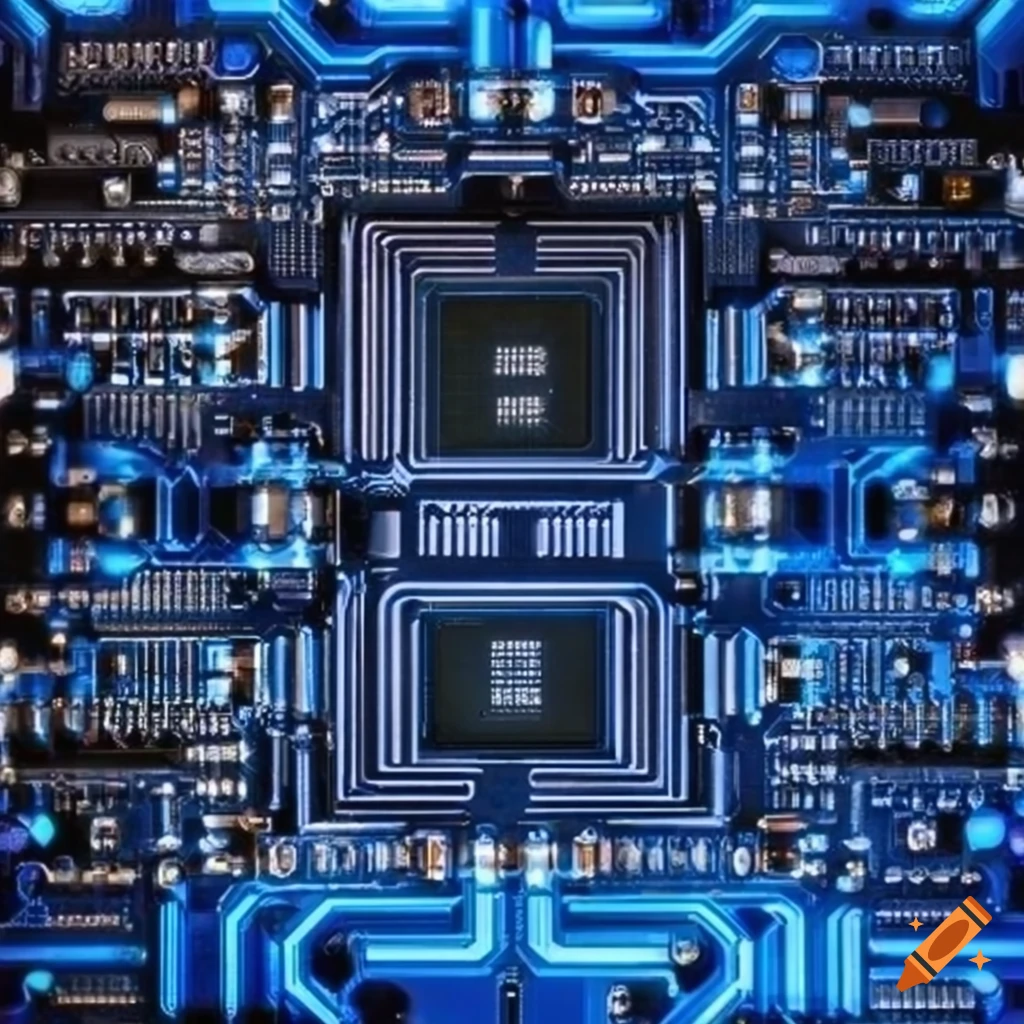 High tech dark black blue illuminated circuit board with processor in the middle sharp focus ...
