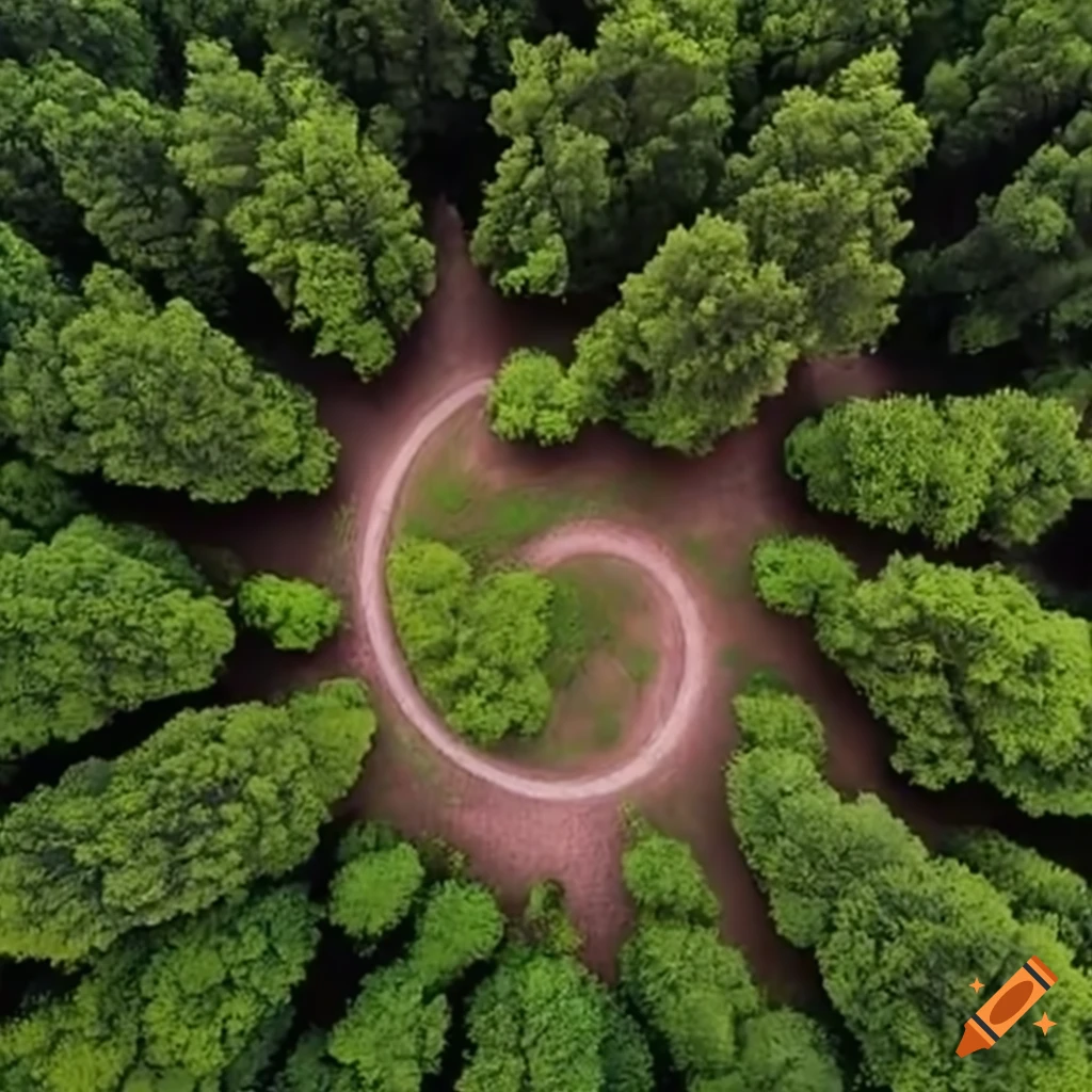 A forest trail shaped like a question mark from a bird's eye view