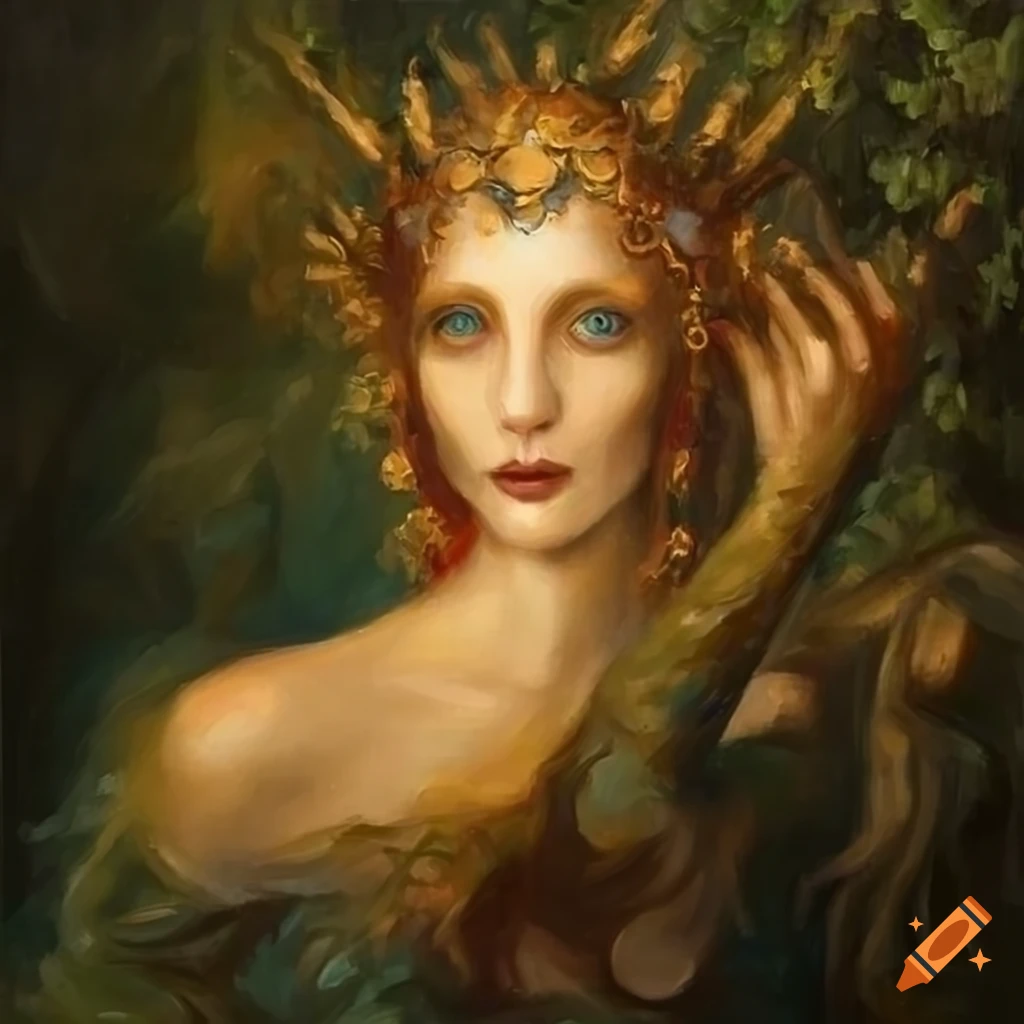 Oil painting of a forest faerie queen surrounded by trees and soft ...