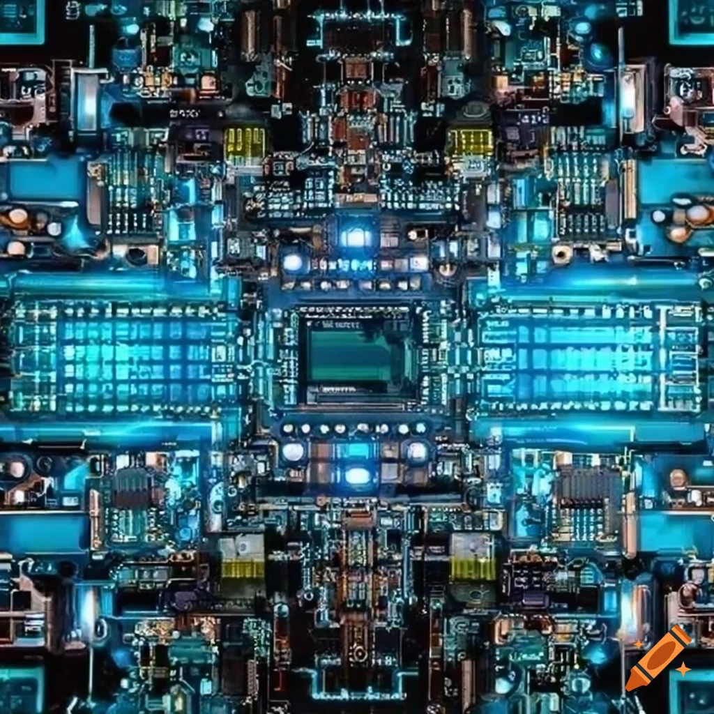 High tech futuristic sci-fi computer circuit board frontal view ...