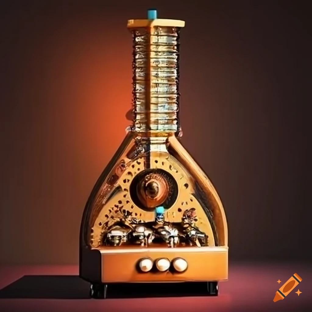 A intricate vintage mechanical device that produces music, powered by ...