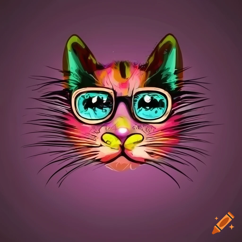 Illustration of a quirky cat with a mustache and bold colors on Craiyon