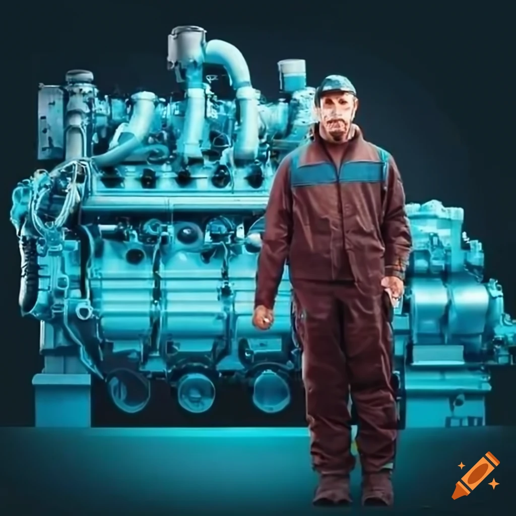 Repair man standing on large industrial cummins engine