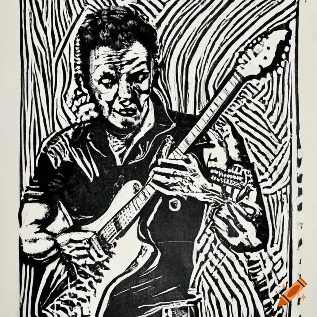 Linocut of Bruce Springsteen playing on Fender electric guitar ...