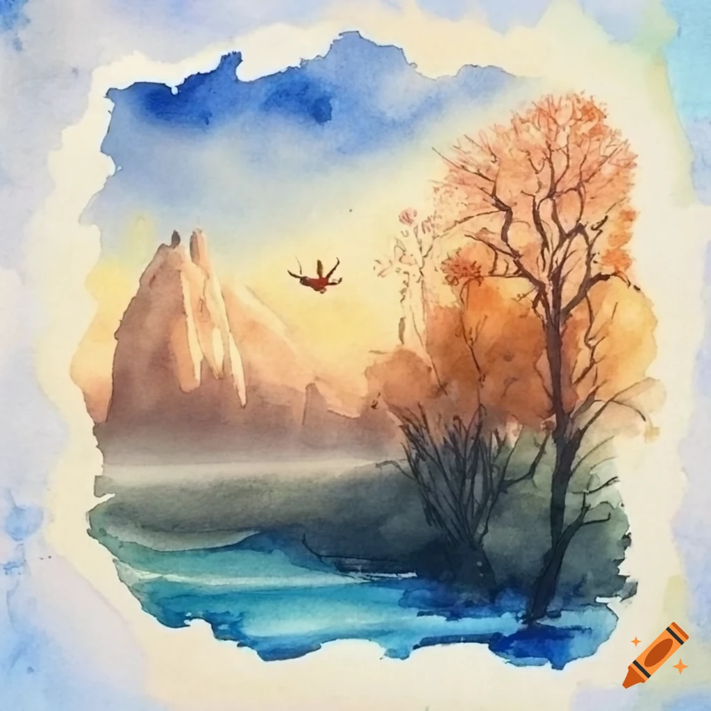A watercolor painting of landscape in a fantasy setting