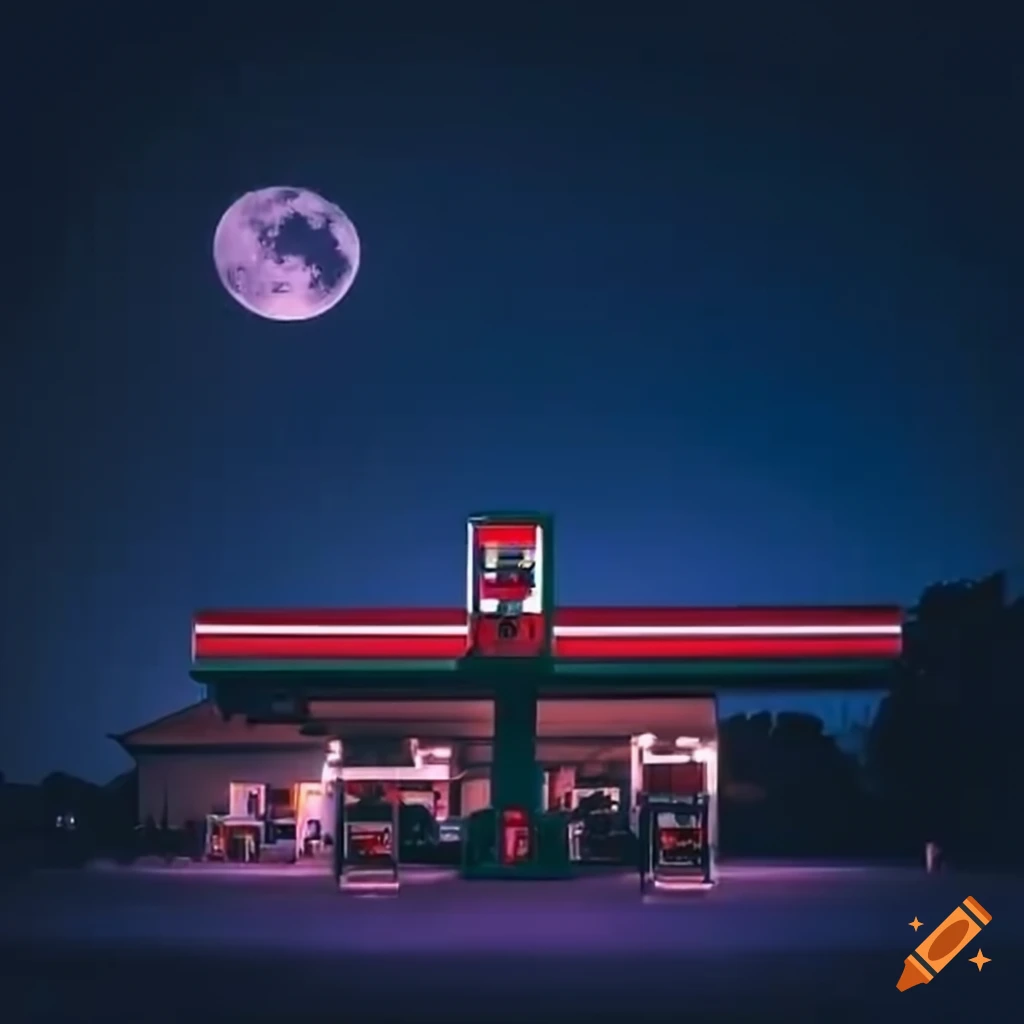 7-eleven gas station at night, stars visible in the sky, moon visible ...