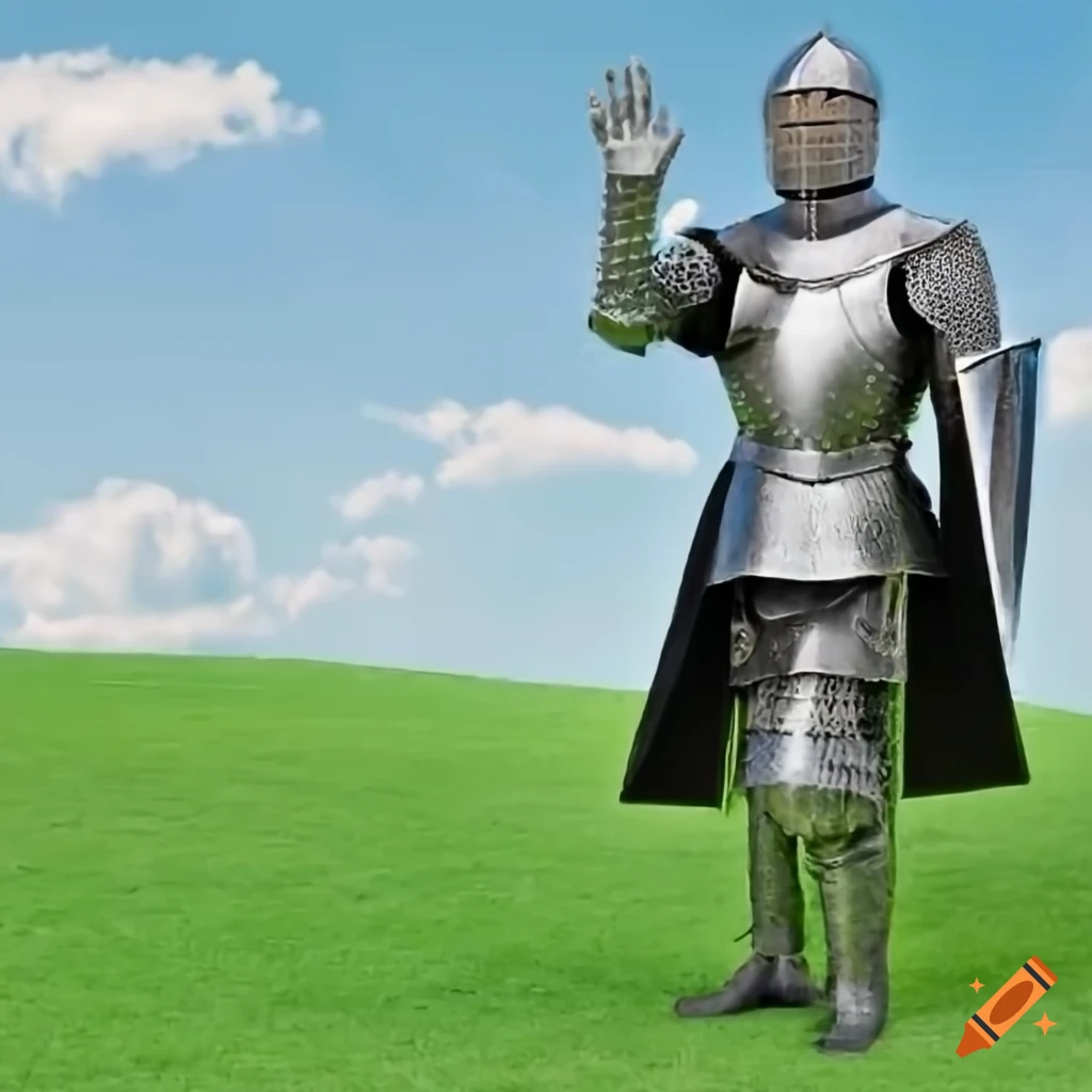 Knight with gray metal armor with a castle behind him and the knight is ...