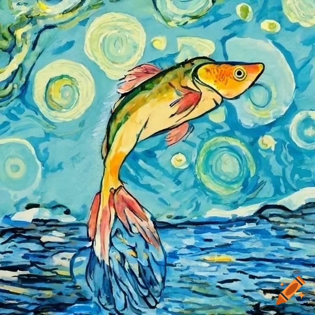 Jumping fish in river in the style of van gogh and painted with ...