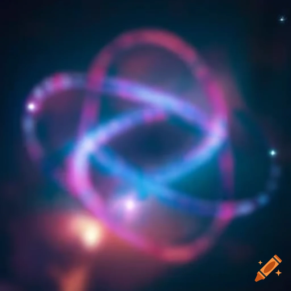 A trefoil knot made of light in outer space with a spaceship