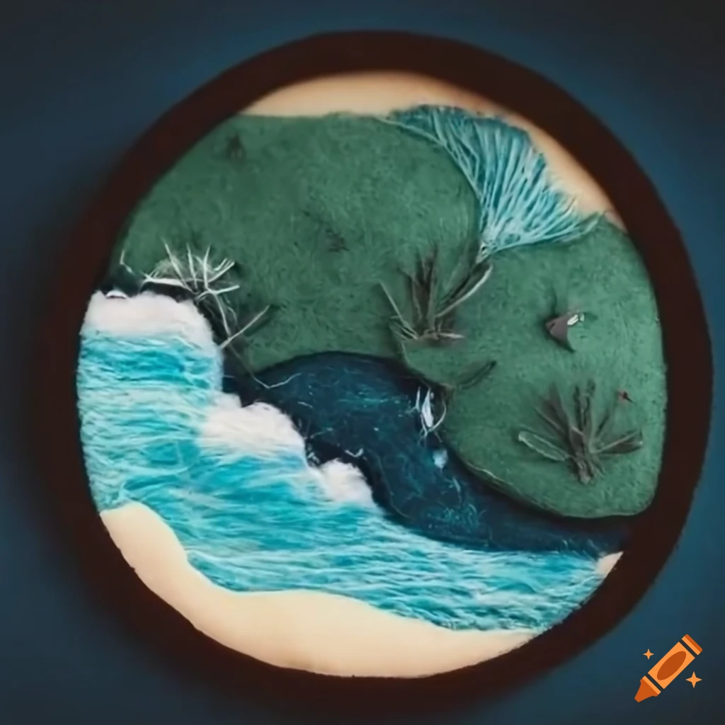 Needle felt diorama of a sunny beach scene with waves and pine trees ...
