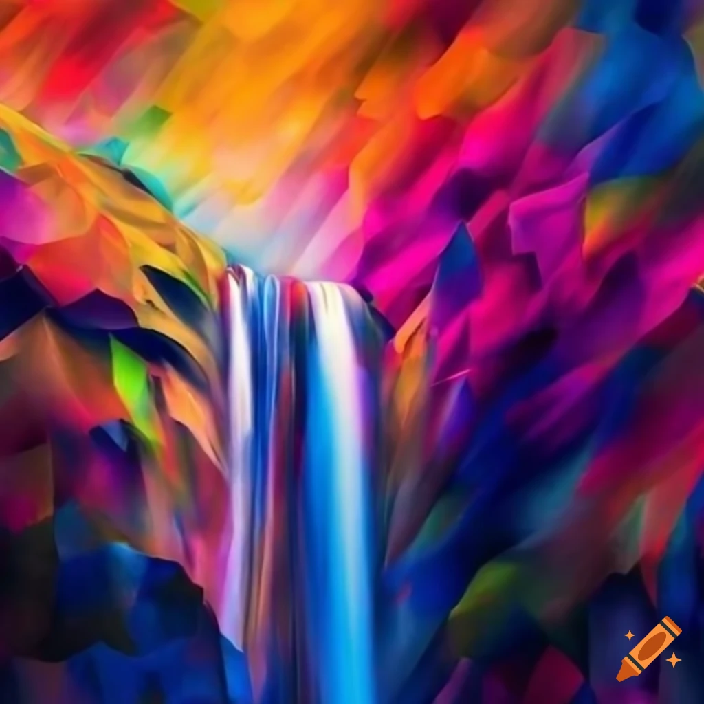 Abstract mountain scape art with waterfall and vibrant colors