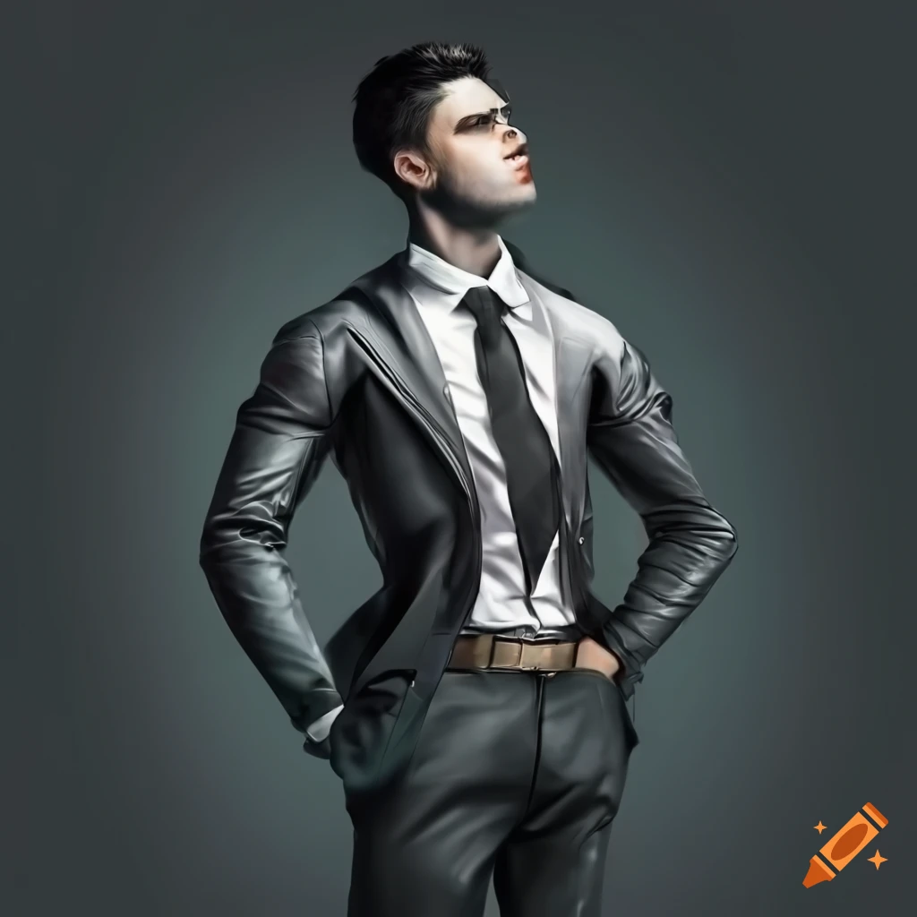 A white young detective man elegant black hair slicked back green eyes ...