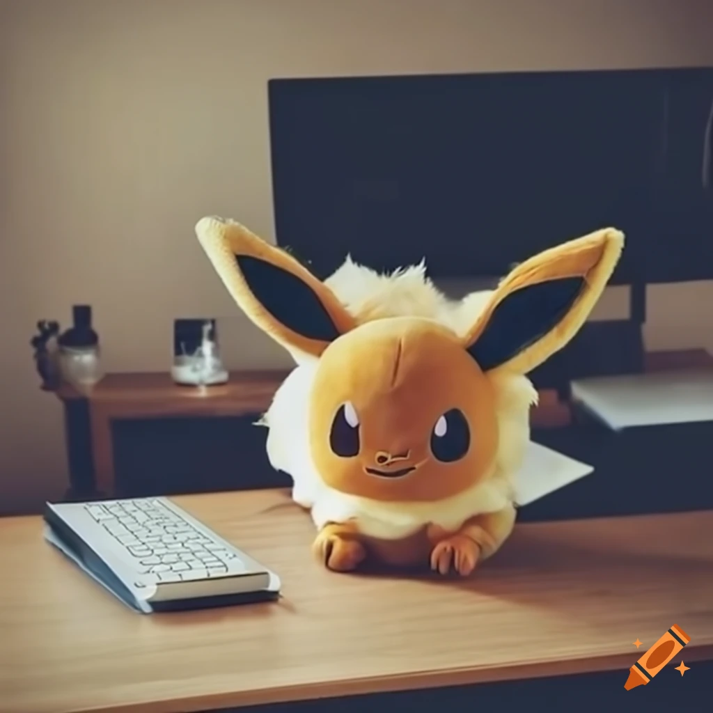 Office with an Eevee plushie on the desk on Craiyon