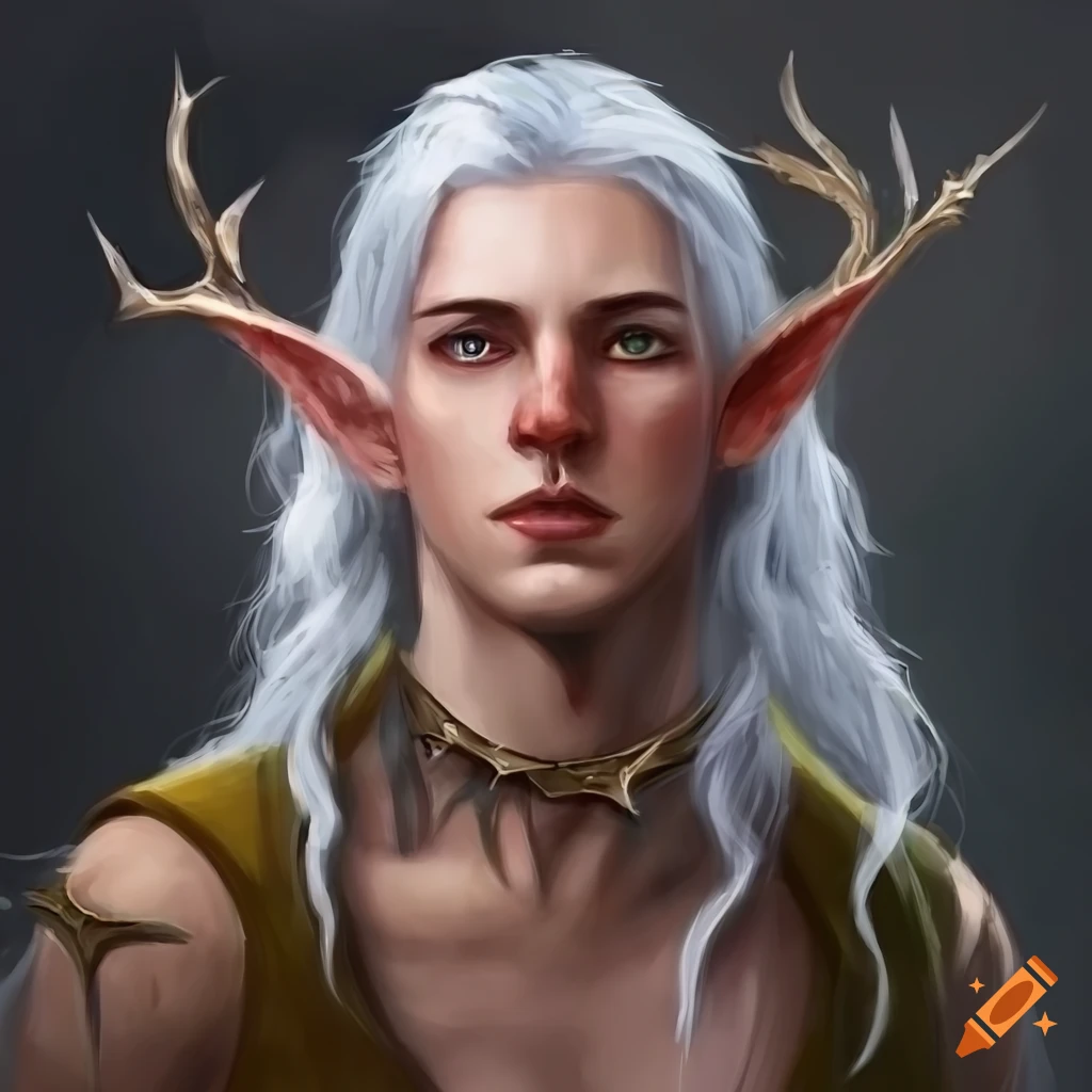 Male woodland elf with white hair weilding a shortbow, realistic painting