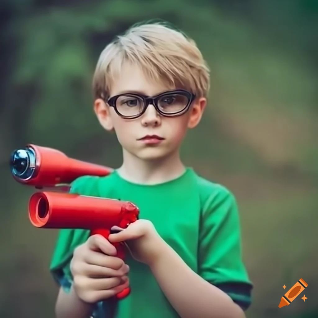 Blonde boy with a green shirt and glasses holding a red ray gun on Craiyon