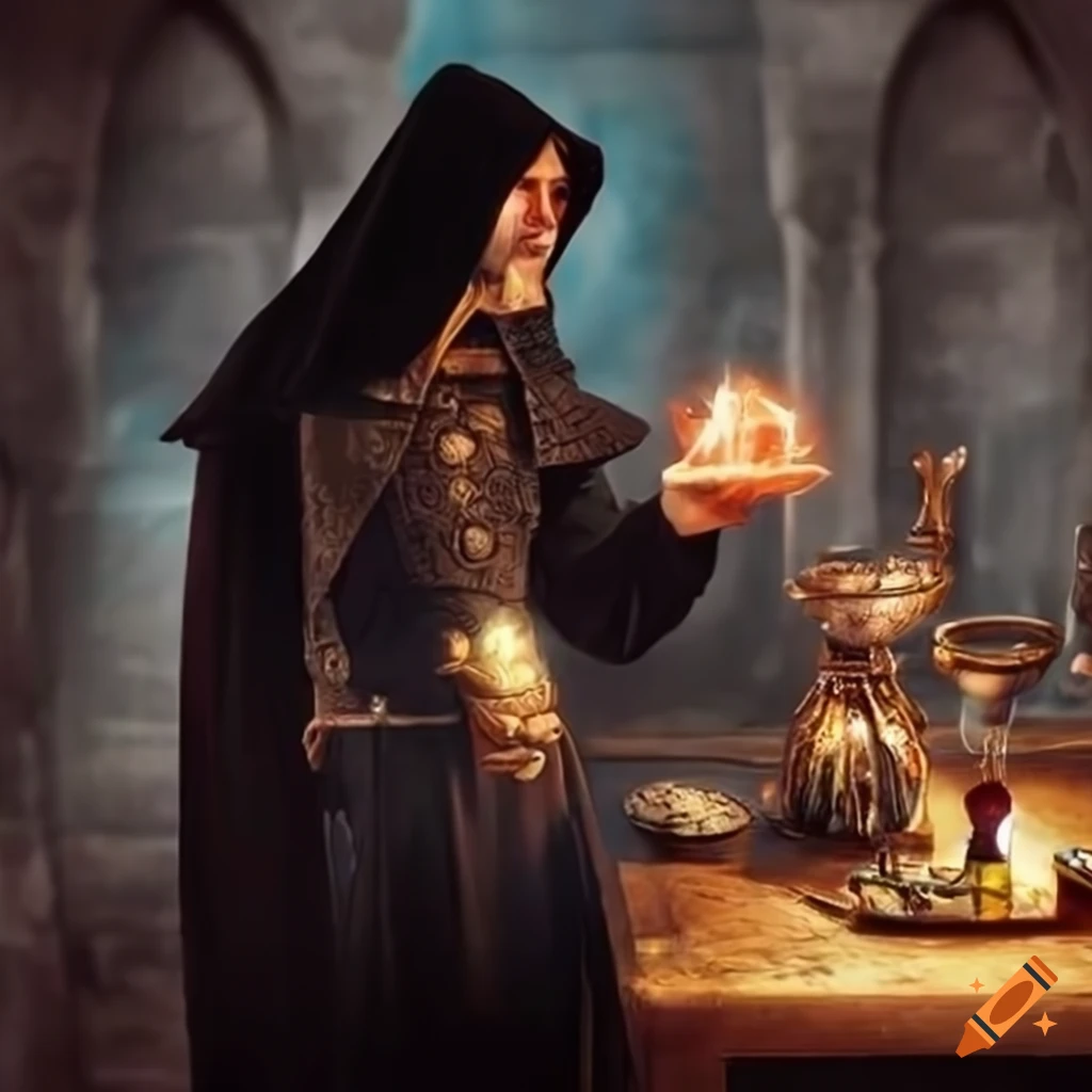 Mystery alchemist in blACK cape sitting at the table at medieval castle ...