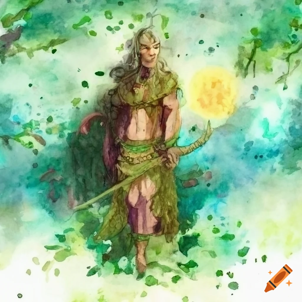 A watercolor painting of a druid character surrounded by a tornado of ...