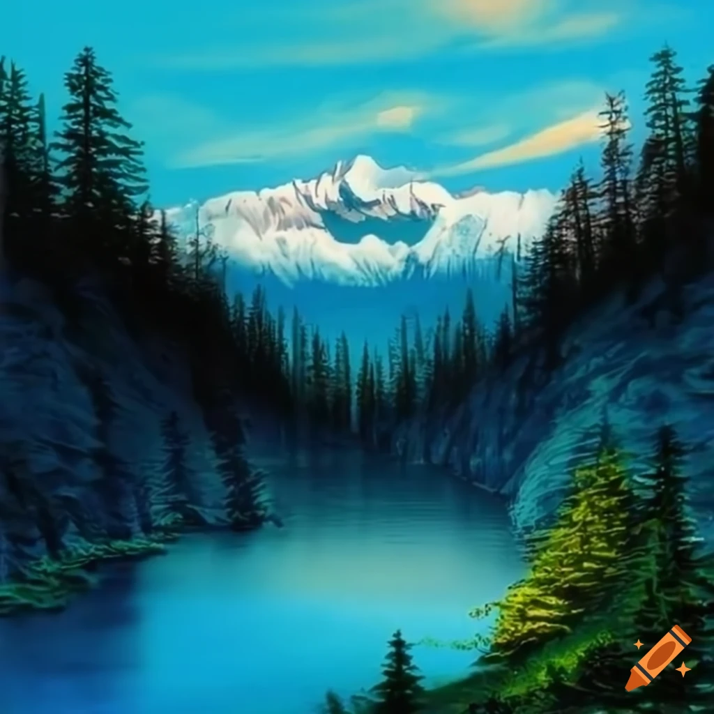 Lake under mountain with forest in bob ross style, larry elmore style ...