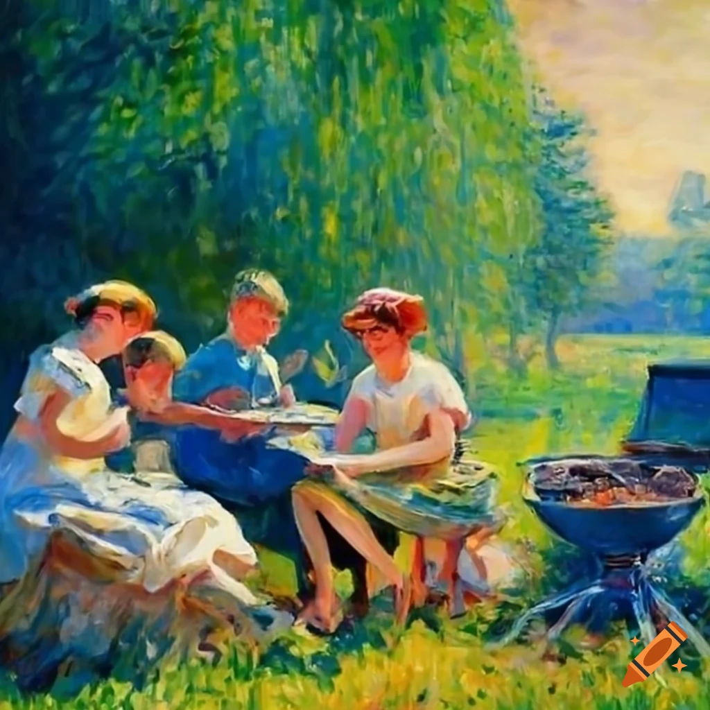 Monet painting of friends gathered around a bbq grill in the summer time