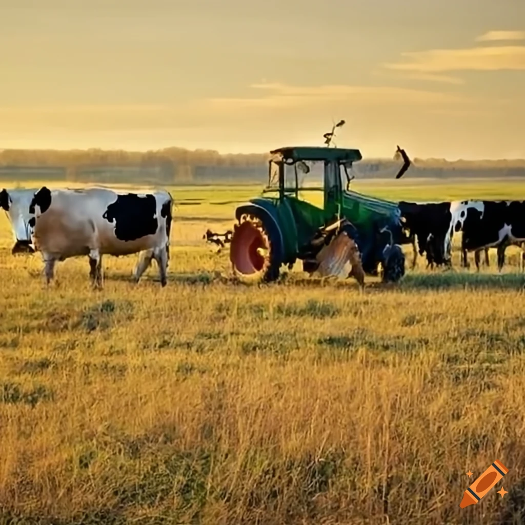 A tractor and three black and white cows, in a field, in strong morning ...