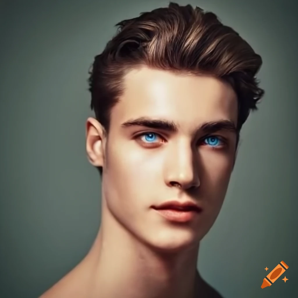 A handsome strong young man with french heritage, brown hair, blue eyes ...