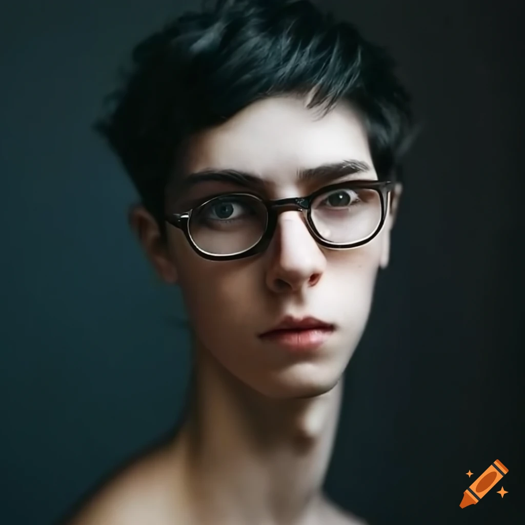 A tall skinny pale boy around 18 with green eyes scruffy black hair ...