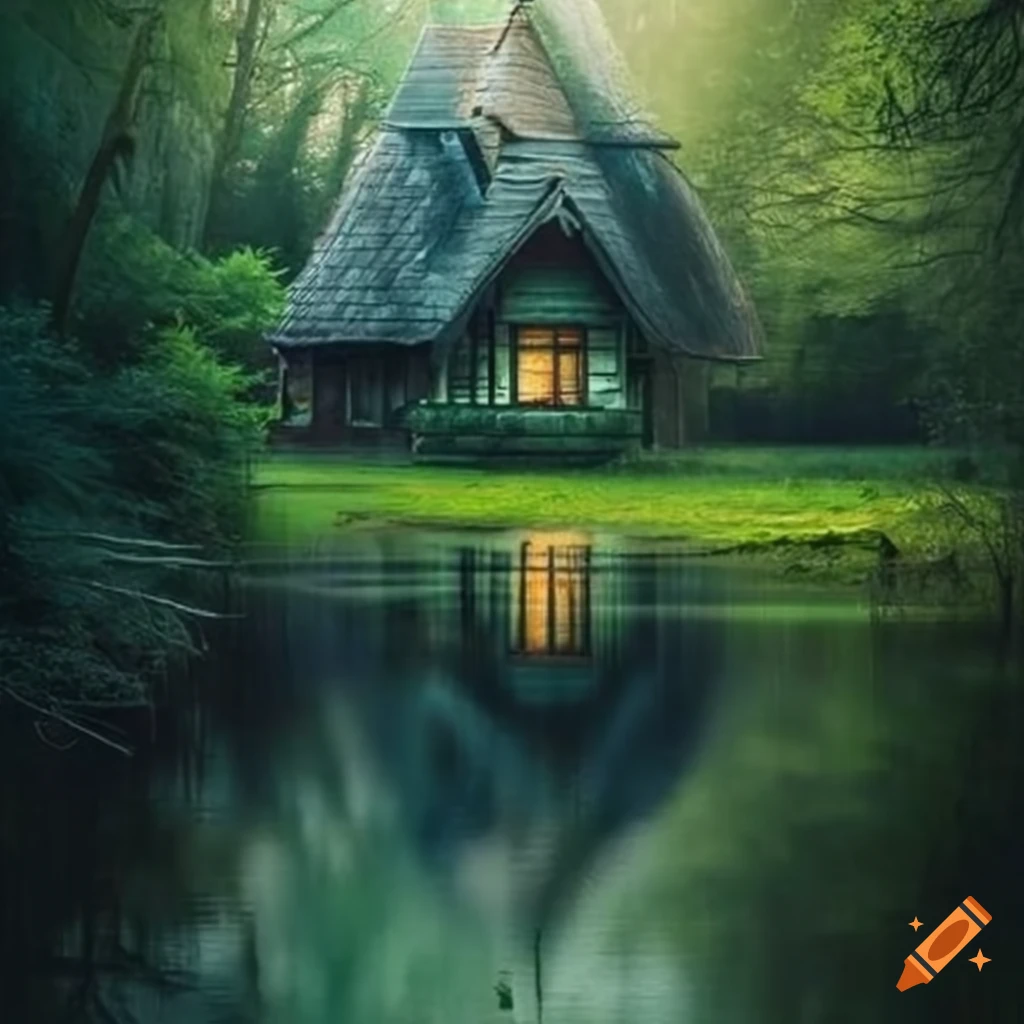 Dreamy, ethereal, mystical house in a forest with thatch roof and a ...