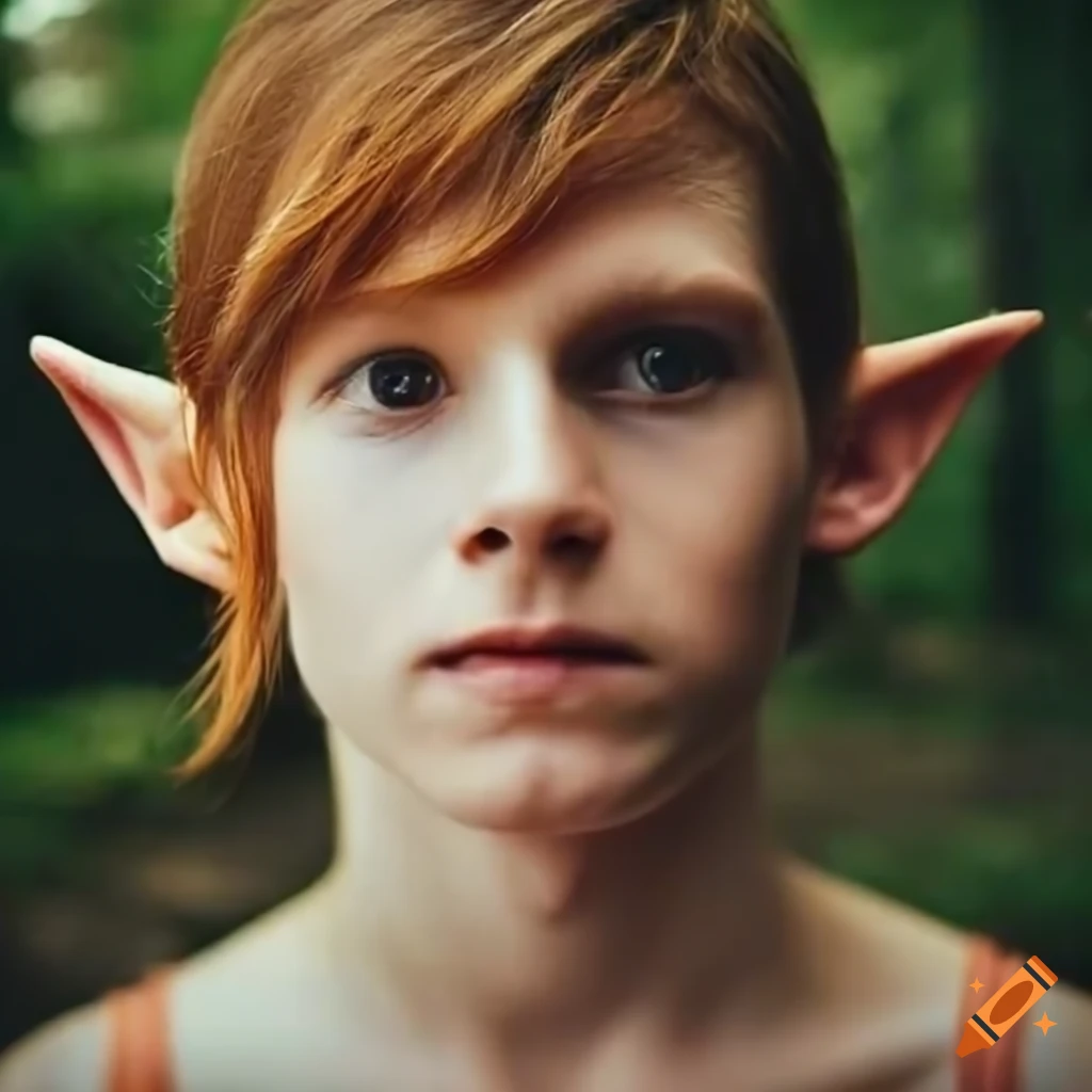 A young elf man with caramel hair and gray eyes in the forest
