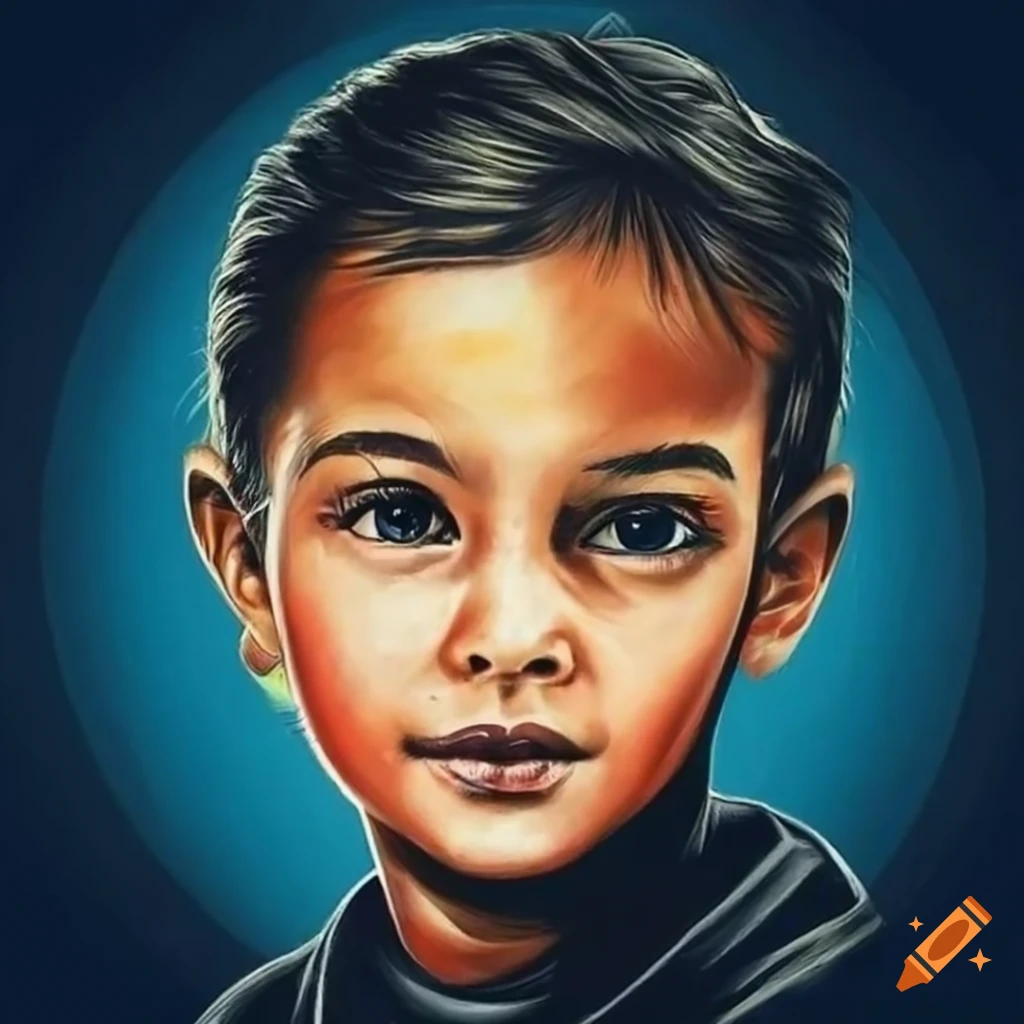 Hyper realistic pen drawn Portrait of a beautiful child with a faraway ...