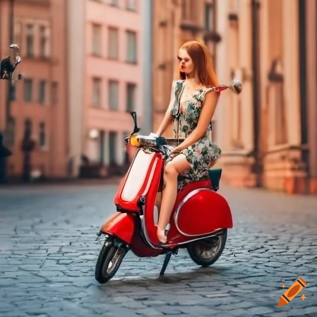 A beautiful girl in a flower patterned dress riding a red classic moped ...