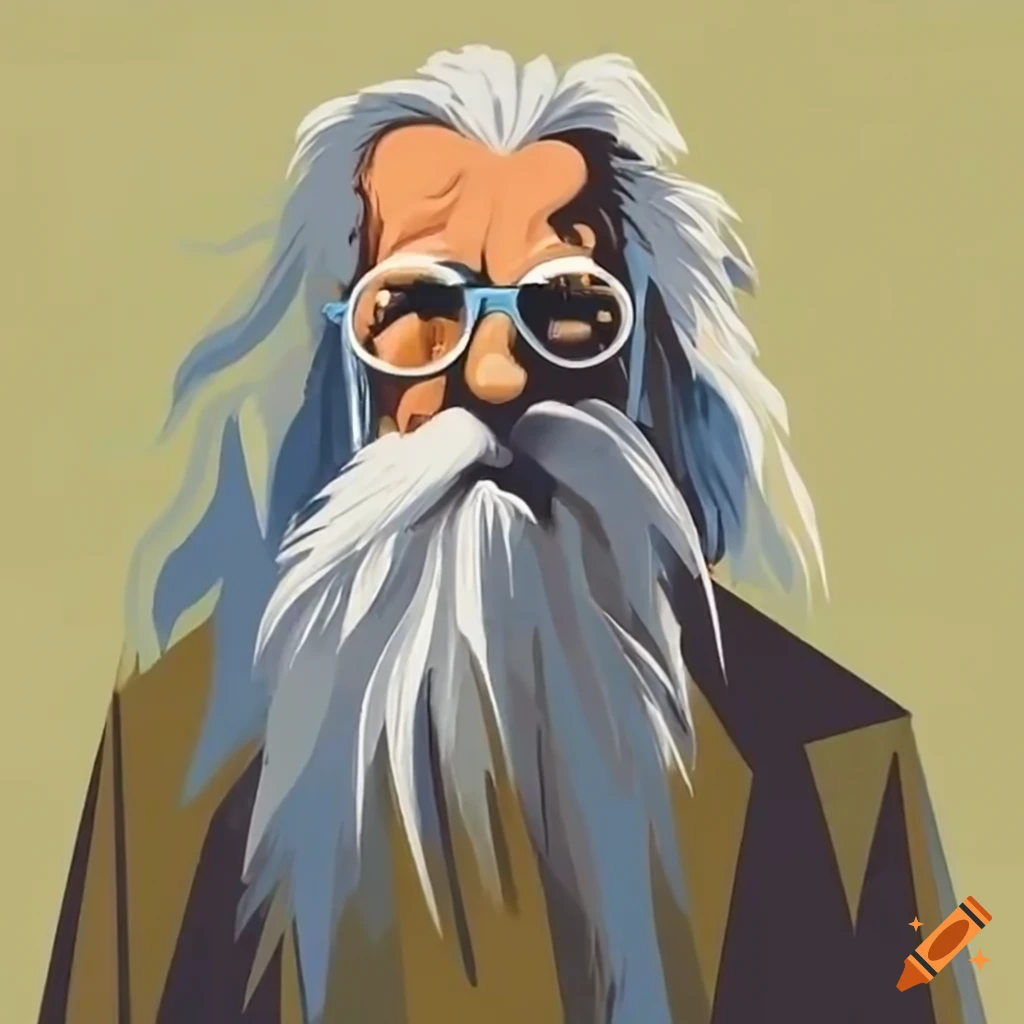 Old man with long white hair and beard and glasses behind a giant wind ...