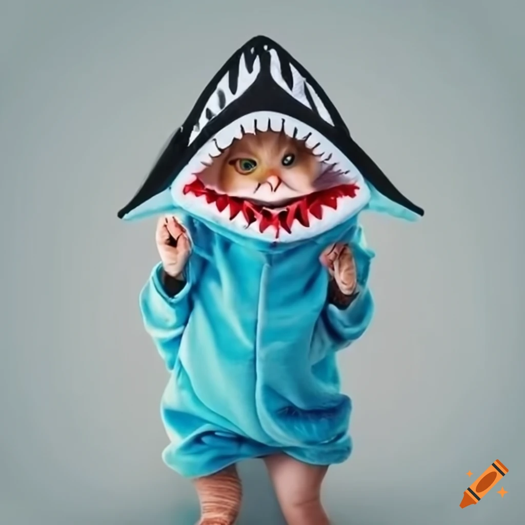 A cat wearing a shark onesie costume