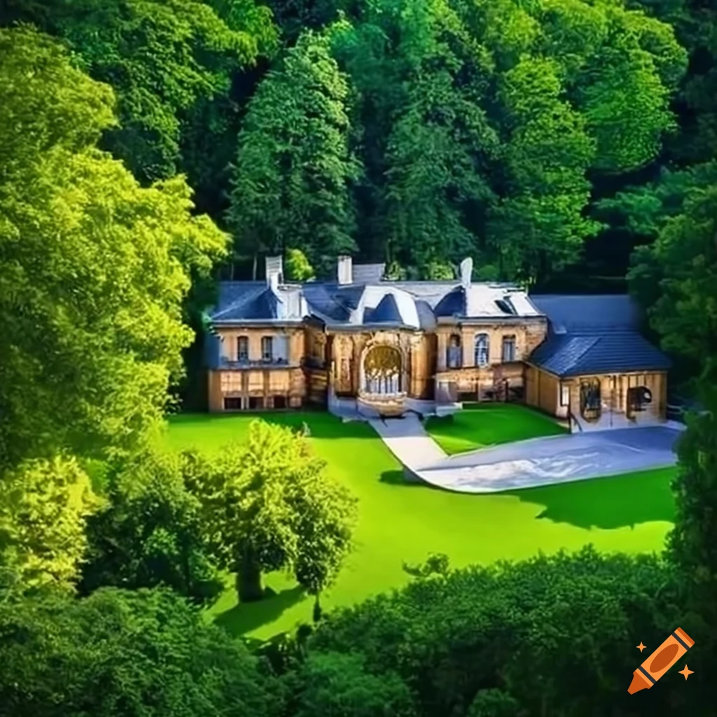 Spacious mansion surrounded by lush green trees