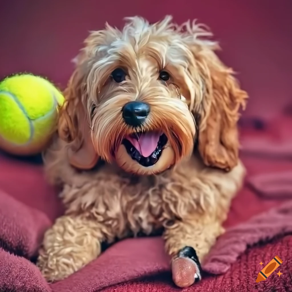 Golden spoodle with bright yellow tennis ball in mouth laying on red ...