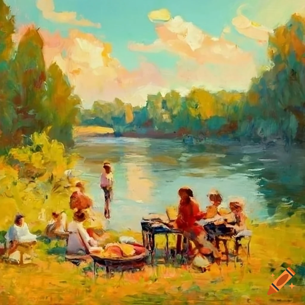 An impressionist painting of people enjoying a summer barbecue in a ...