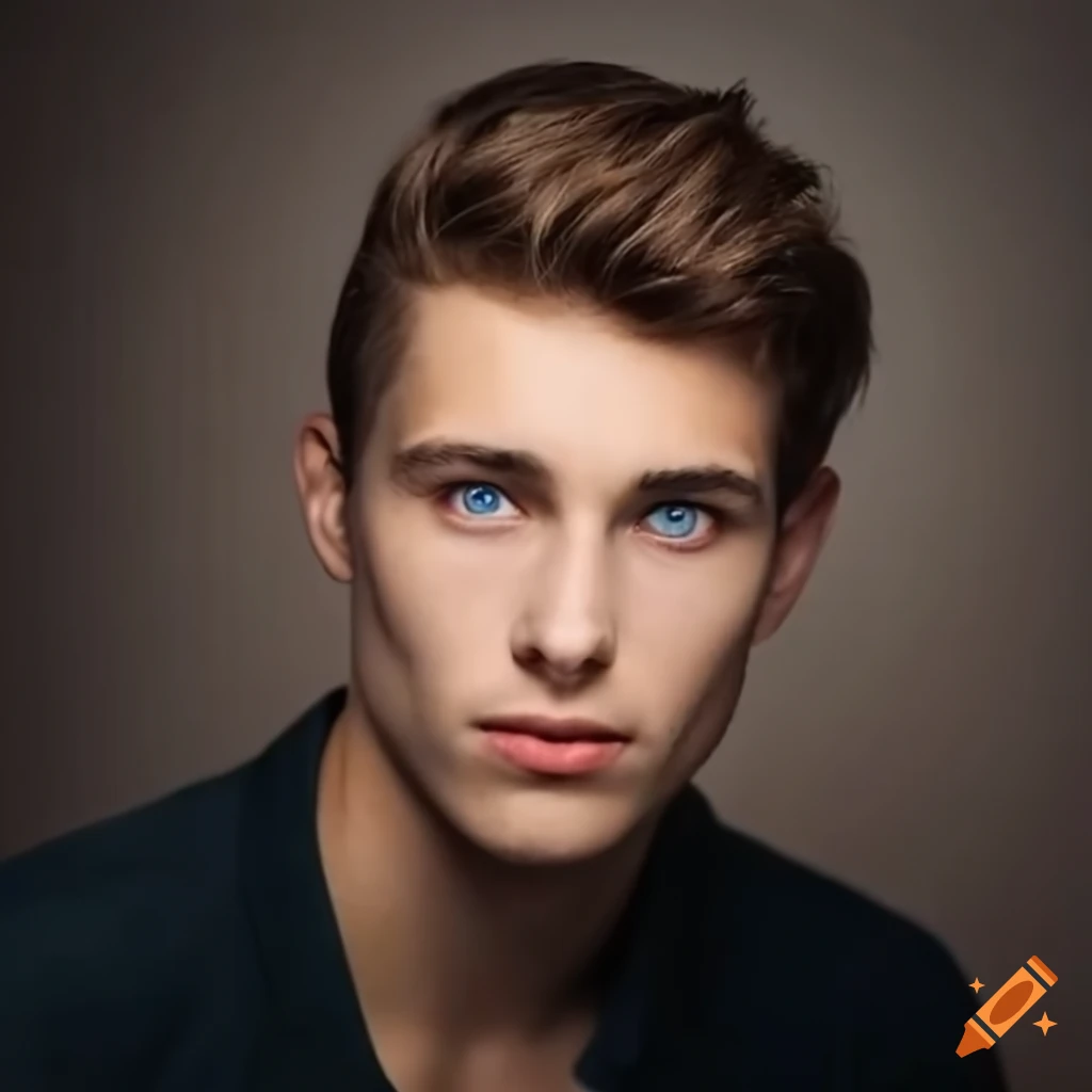 A handsome strong young man with french heritage, brown hair, blue eyes ...